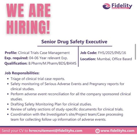 Fidelity Hiring For Senior Drug Safety Executive