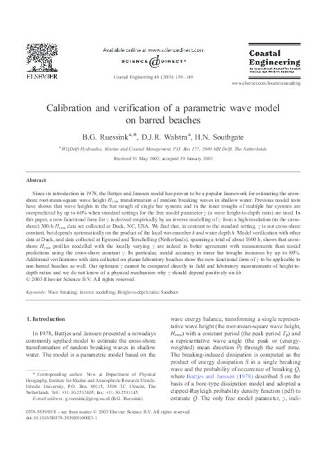 Pdf Calibration And Verification Of A Parametric Wave Model On Barred Beaches