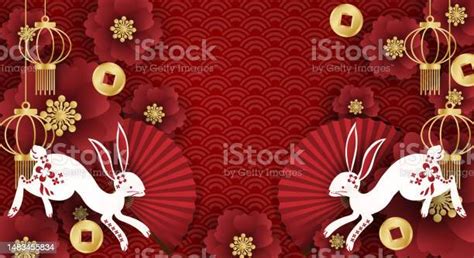 중국 설날 축제 배너 디자인은 복사 공간을 위해 빨간색 패턴 배경에 붉은 꽃 금화 금등을 가진 토끼입니다 개념에 대한 스톡 벡터 아트 및 기타 이미지 Istock