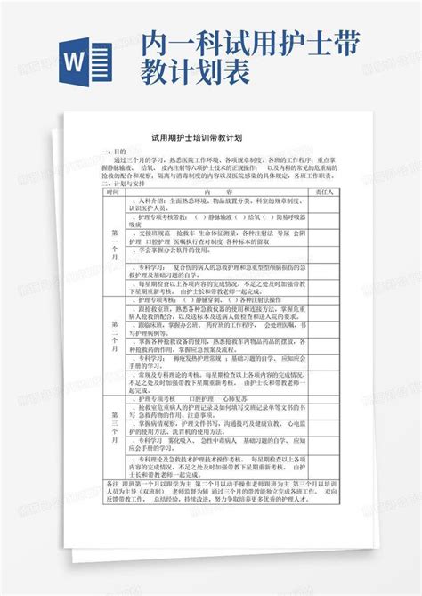 内一科试用护士带教计划表 Word模板下载 编号qdrjajao 熊猫办公