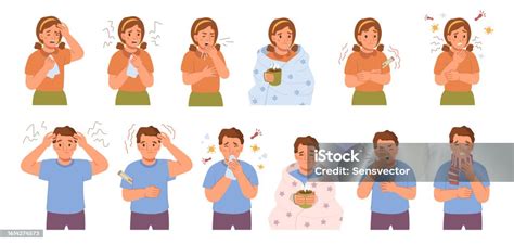 독감에 걸린 소년 소녀들 아픈 아이가 재채기 기침 인플루엔자 콧물 두통 발열 인후통 질병에 걸린 아이 플랫 벡터 일러스트레이션 아픈 증상이 있는 사람들은 기분이 좋지 않다