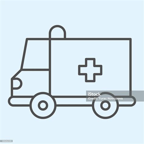 구급차 얇은 라인 아이콘입니다 의료 클리닉 교통 차 병원 버스 건강 관리 벡터 디자인 개념 흰색 배경에 윤곽 스타일 그림 웹 및 응용 프로그램에 사용 Eps 10 10에
