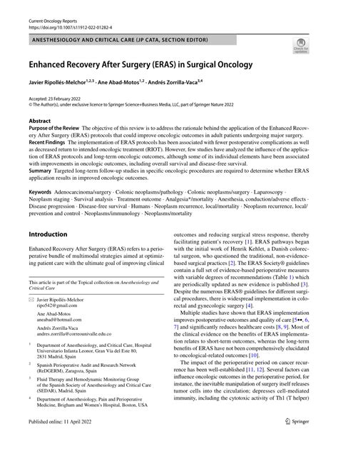 Pdf Enhanced Recovery After Surgery Eras In Surgical Oncology
