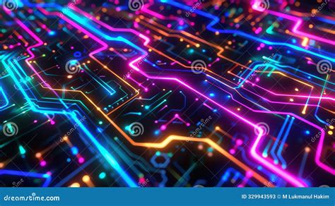 Abstract Neon Circuit Board With Glowing Lines And Shapes Futuristic Technology Background Stock