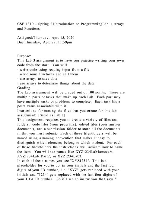 Cse 1310 Spring 21introduction To Programminglab 4 Arrays And Func Docx