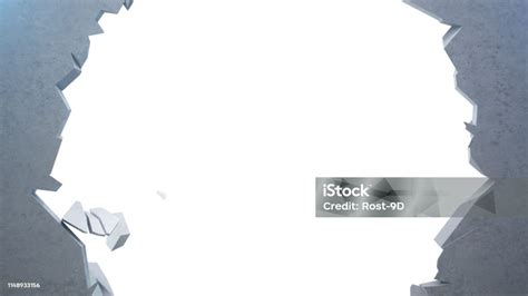 콘크리트 벽을 작은 조각으로 부서진 깨진 지구 구멍에 볼륨 광선으로 추상적인 배경 폭발 파괴 깨진 콘크리트 벽 흰색 배경에