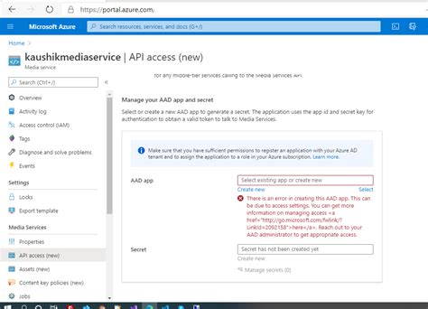 Unable To Create Aad App Under Azure Media Services Service