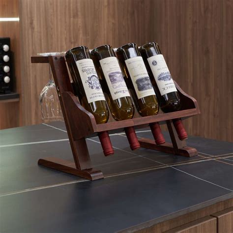 Ebern Designs Tygan 4 Bottle Tabletop Wine Bottle And Glass Rack In Brown