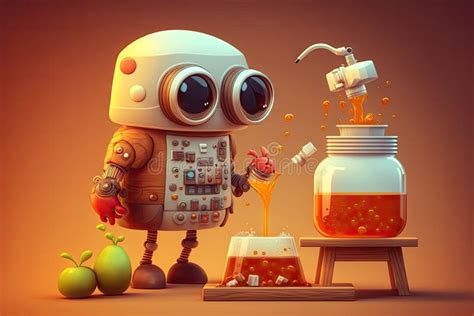 Cute Robot Assistant Helping Scientist In Laboratory Mixing Chemicals