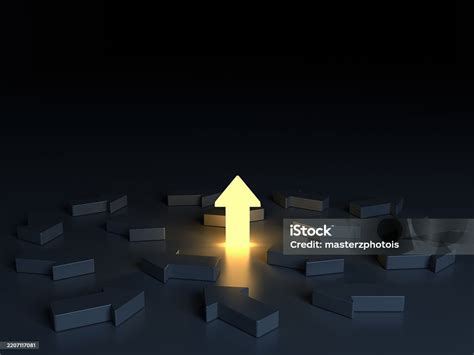 조명이 없거나 희미한 화살표 중 하나는 반사 리더십 및 다양한 비즈니스 크리에이티브 아이디어 개념 3d 렌더링이 있는 어두운 방 배경의 군중 중에서 눈에 띄는 하나의 빛나는