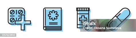 세트 라인 의학 병 및 알 약 물집 팩에 알 약 의료 책 및 의학 알 약 또는 태블릿 아이콘 벡터 0명에 대한 스톡 벡터 아트 및 기타 이미지 Istock