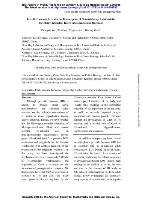 Pdf Juvenile Hormone Activates The Transcription Of Cell Division