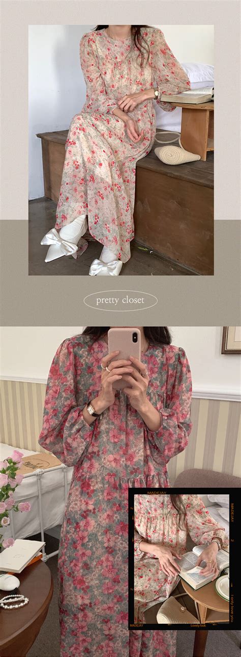 글레이즈드 플라워 원피스ops2019 봄 벌룬 셔링 퍼프 나염 프린팅 롱 플레어 플리츠 A라인 레이어드 하객 배색 나들이 플로럴