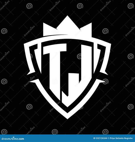 Tj Letter Monogram With Triangle Curve Shield Shape With Crown White And Black Background Color
