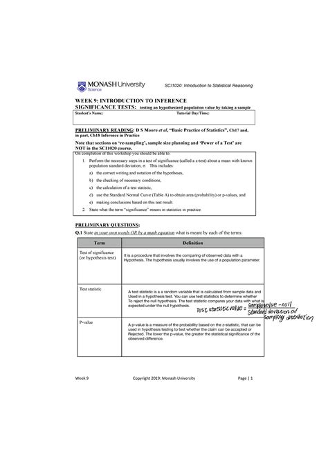 Week 7 Helpful To Week 7 Sci1020 Introduction To Statistical Reasoning Week 9 Copyright
