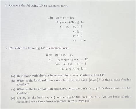 Solved Convert The Following Lp To Canonical