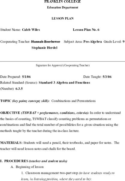 Combinations And Permutations Lesson Plan For 7th Grade Lesson Planet