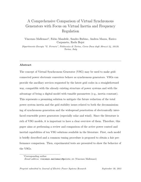 Pdf A Comprehensive Comparison Of Virtual Synchronous Generators With