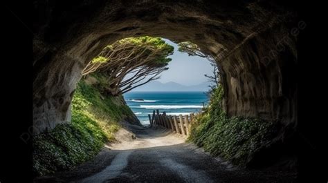해변으로 이어지는 경치 좋은 터널 토토로스 터널처럼 생긴 도로를 지나면 멋진 풍경이 펼쳐지는 해변 고화질 사진 사진 공장