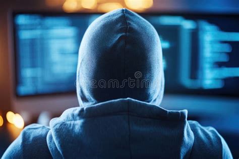 Silhouette Of Hooded Hacker In Dark Room Focused On Computer Screens With Code Stock Image