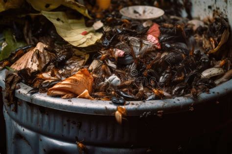 Close Up Of Overflowing Garbage Can With Flies And In The Trash Stock Illustration