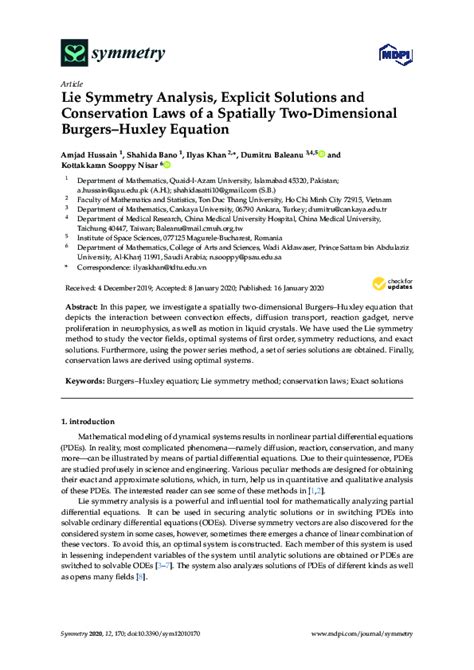 Pdf Lie Symmetry Analysis Explicit Solutions And Conservation Laws Of A Spatially Two