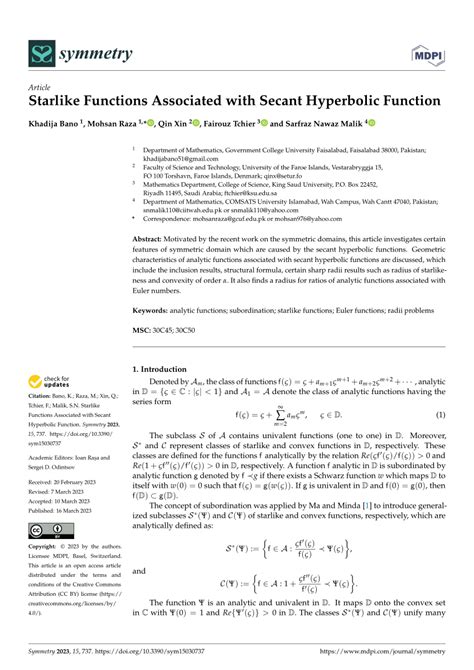 Pdf Starlike Functions Associated With Secant Hyperbolic Function