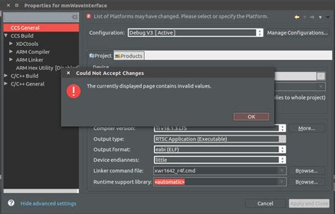 CCS CODECOMPOSER Build Settings Says Cannot Accept Changes When Opened Code Composer Studio