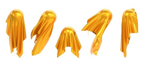 3d 구체는 금 실크 천을 덮었습니다 새틴 황금 직물 아래에 숨겨진 현실적인 공 세트 커튼과 주름이있는 벨벳 섬유 비밀 선물 흰색 배경에 고립 된 놀라움 3d 렌더링 금색에