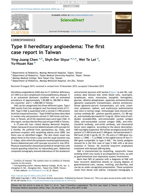 Pdf Type Ii Hereditary Angioedema The First Case Report In Taiwan