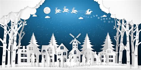 종이 예술 컷 Anta 클로스 썰매에 아이 들과 함께 순 록의 디지털 공예 스타일 파티와 휴일과 Xmas 일 개념으로 메리 크리스마스 밤에 즐길 수 있습니다 벡터 일러스트