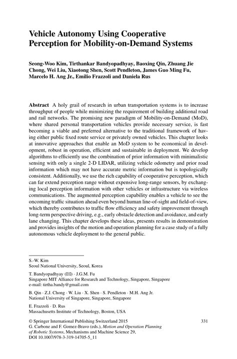 Pdf Vehicle Autonomy Using Cooperative Perception For Mobility On Demand Systems