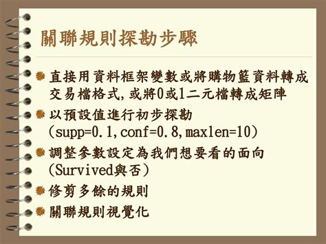 資料關聯 Association 關聯範例一 關聯規則基本概念 關聯範例二 購物產品關聯分析 關聯範例三 鐵達尼號關聯分析 ppt download