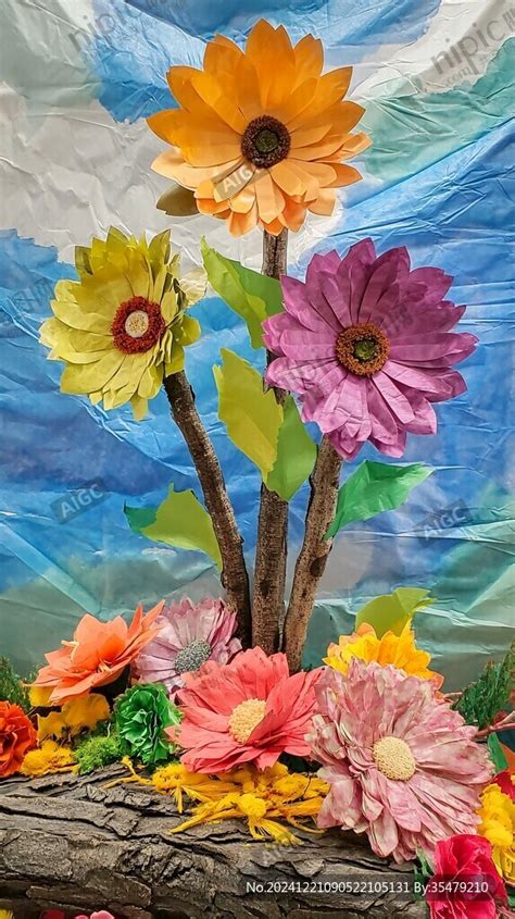 Ai创作图皱纹纸花艺 立体花塑 太阳花纸花 手工干花创意制作 少儿手工艺大赛 手工品环保作品 彩泥做的花 葵花节合影道具 泡沫立体花 大朵纸艺