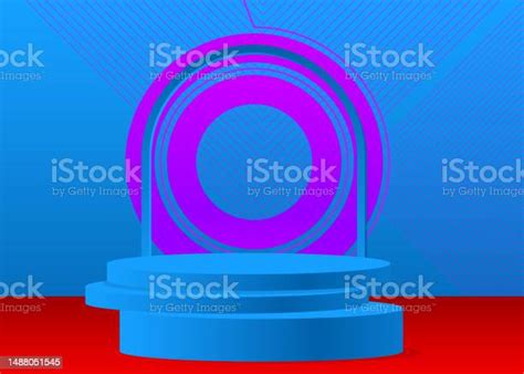 파란색 빨간색 및 보라색 최소한의 기하학적 형태 제품 디스플레이 공상 과학 모형 실린더 받침대 연단 프레젠테이션을 위한 미래