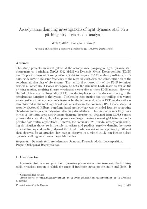 Pdf Aerodynamic Damping Investigations Via Modal Analysis Of Light Dynamic Stall On A Pitching