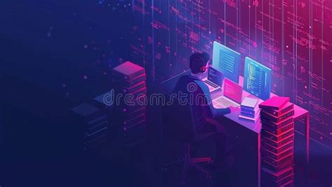 Man Working On Laptop With Stack Of Documents And Data Center In Dark Room Business Concept