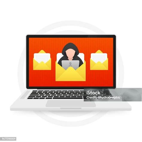 스팸 이메일 개념입니다 해커 및 사이버 범죄자 피싱 노트북 화면에 스팸 메시지입니다 경고 및 경고 스팸 알림 스팸 봉투 바이러스 이메일 사기 개념 벡터 그림 가득 찬에 대한