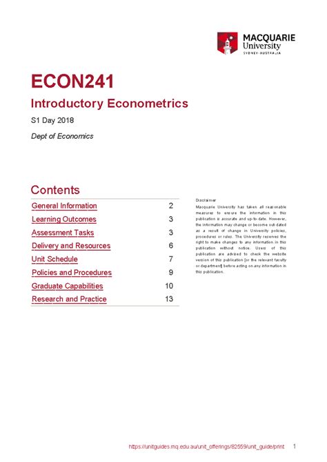 Unit Guide Econ241 Econ Introductory Econometrics S1 Day 2018 Dept Of Economics Contents