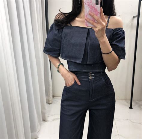 클라시 오프숄더 투피스 데님 세트