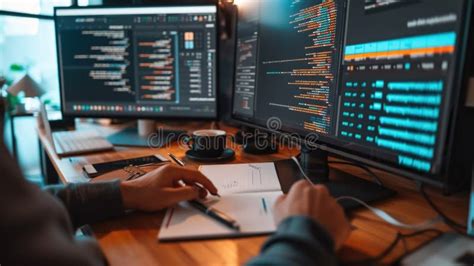 Software Developer Working On Code In Dual Monitor Setup Aig41 Stock