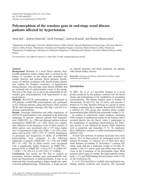 Pdf Polymorphism Of The Renalase Gene In End Stage Renal Disease Patients Affected By Hypertension