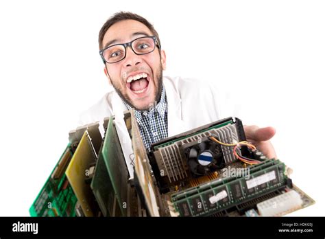 nerd engineer posing with computer components isolated in a white