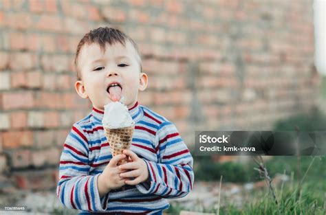 작은 귀여운 소년 소년 3 년을 먹는 아이스크림 벽돌 벽 배경에 매우 식욕을 돋 우는 갈색에 대한 스톡 사진 및 기타 이미지 갈색 귀여운 나무 Istock