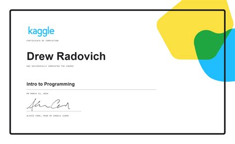 Drew Radovich Completed The Intro To Programming Course On Kaggle