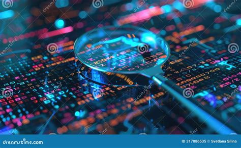 Scanning Code For Vulnerabilities With Digital Magnifying Glass Cybersecurity Expert Stock