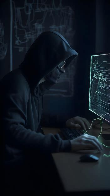 Premium Ai Image Hacker Using Computer In Dark Room With Glowing Forex Chart Concept Of
