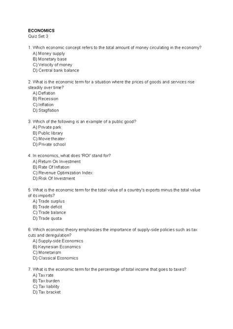 ECON Quiz 3 Practice Material ECONOMICS Quiz Set 3 Which Economic Concept Refers To The