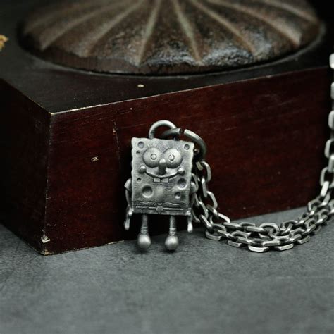925 Vintage Silver Spongebob Squarepants Necklace Pendant Chain 手工设计饰品