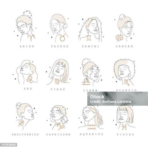 조디악 표지판 수집 한 줄 그리기 추상적 인 여성 얼굴을 가진 점성술 아이콘 수수께끼와 난해한 윤곽선 로고 별자리 기호 미니멀리스트 스타일의 선형 벡터 일러스트 레이 션